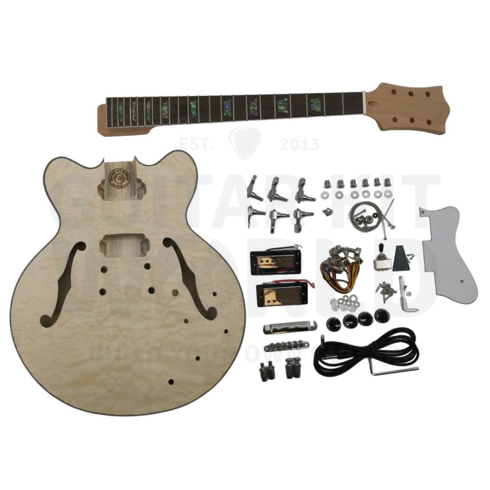 E35 Semi-Hollow Body Guitar Kit w/ Quilted Maple Veneer, Abalone Pearl ...