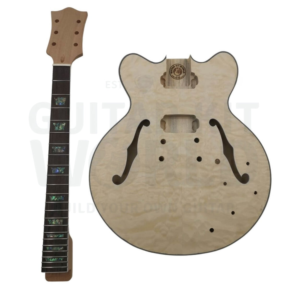E35 Semi-Hollow Body Guitar Kit w/ Quilted Maple Veneer, Abalone Pearl ...
